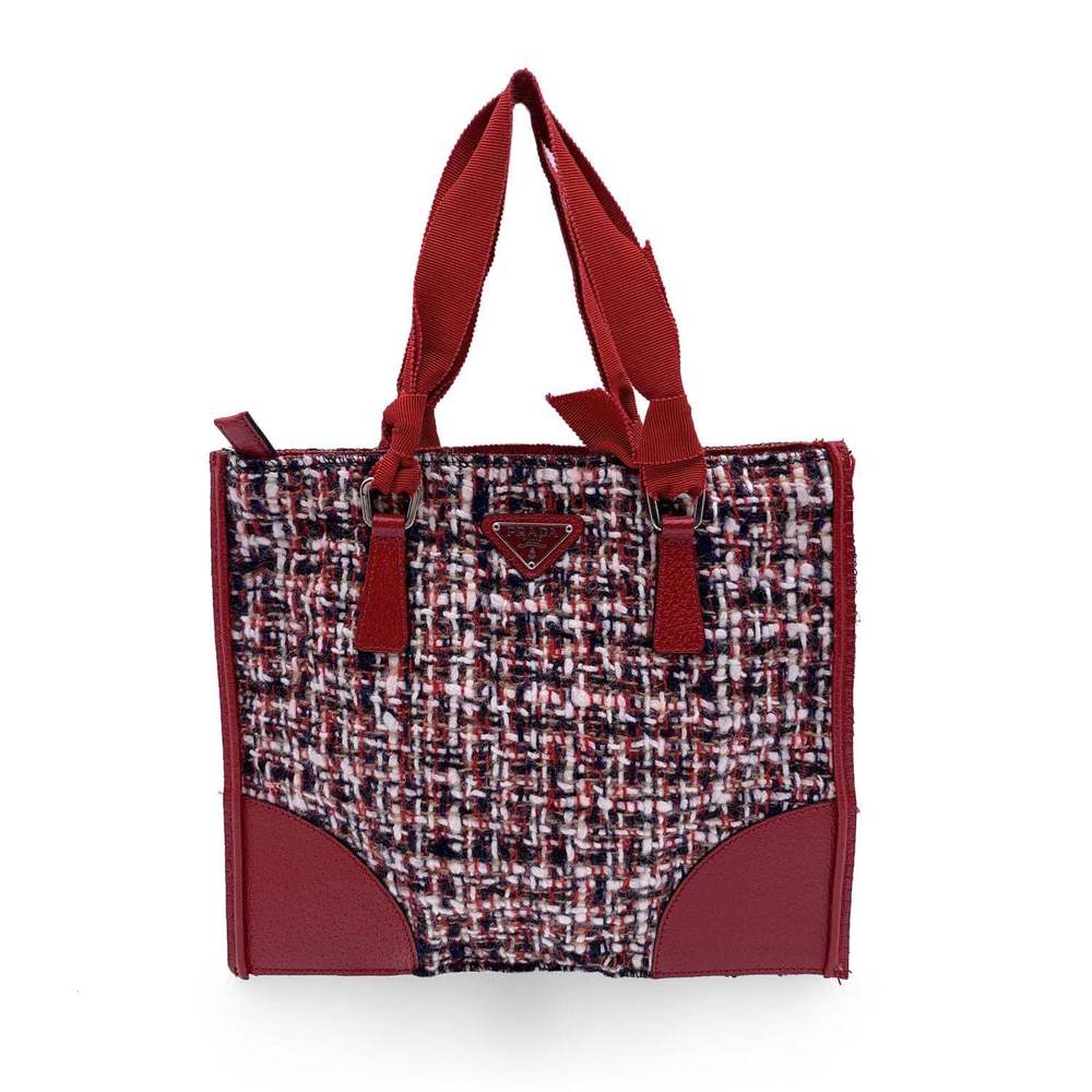 Prada Red Tweed And Leather Small Flat Tote Handbag S… - Gem
